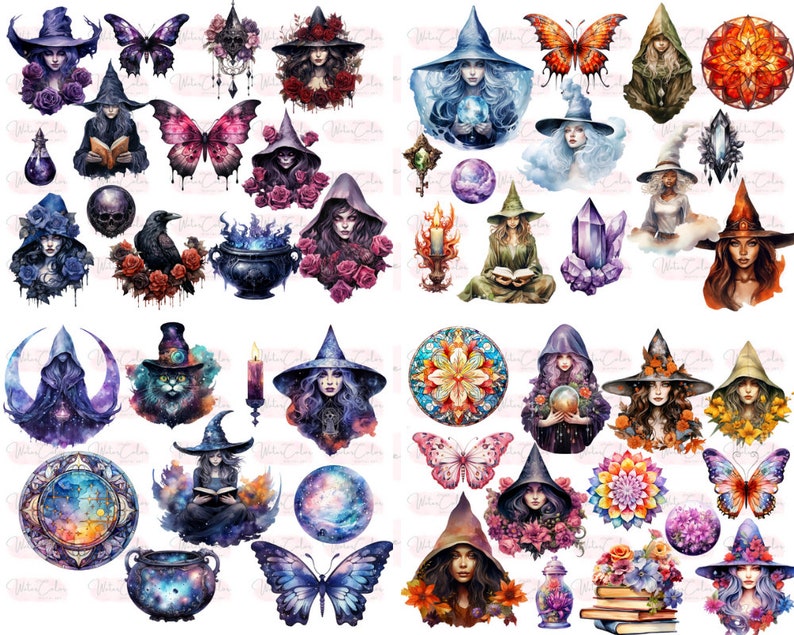 202 Witches Bundle Clipart, Watercolor Magic Element Witch Lunar Witch ...