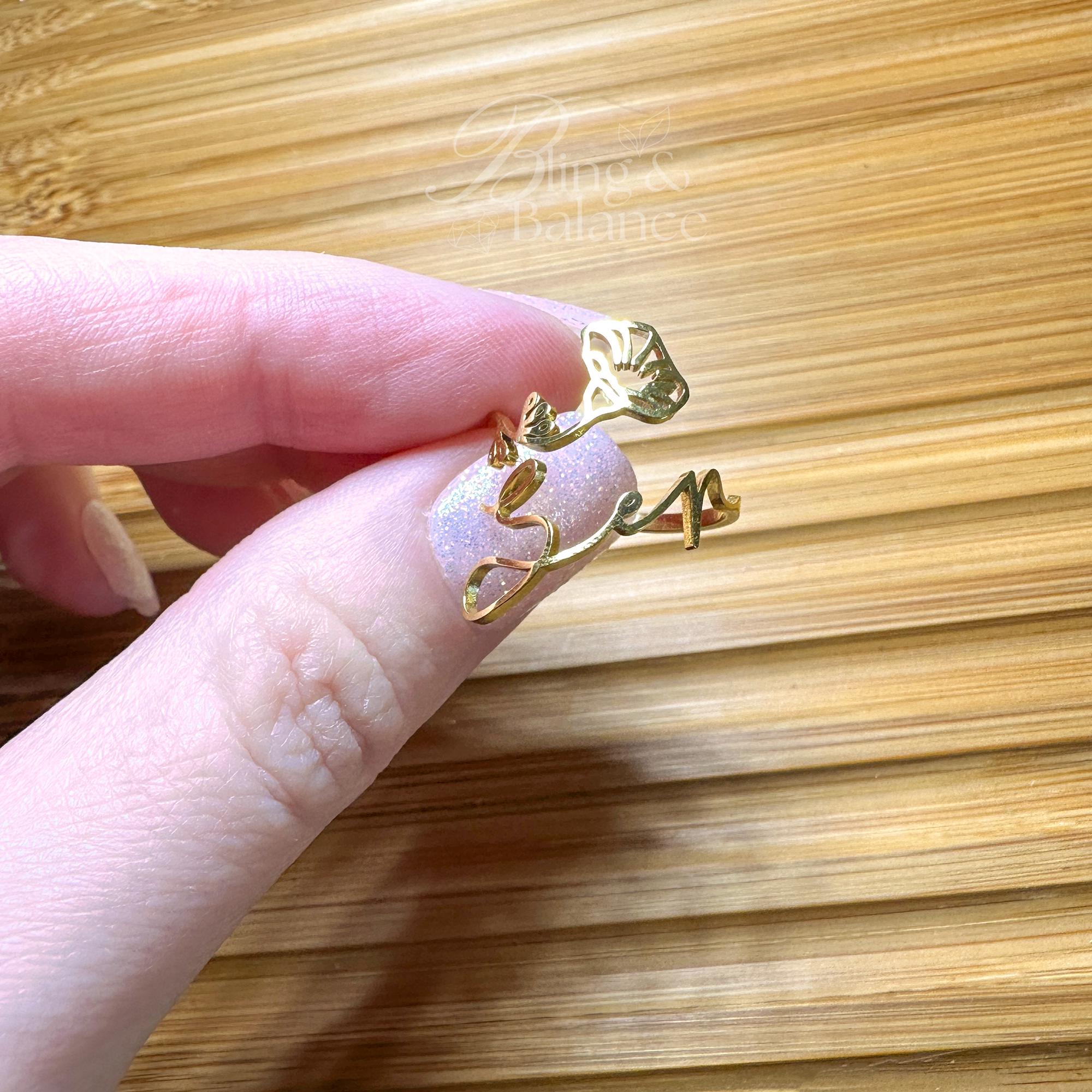 Birth Flower & Cursive Month Ring Adjustable Custom Floral Gold Rings ...