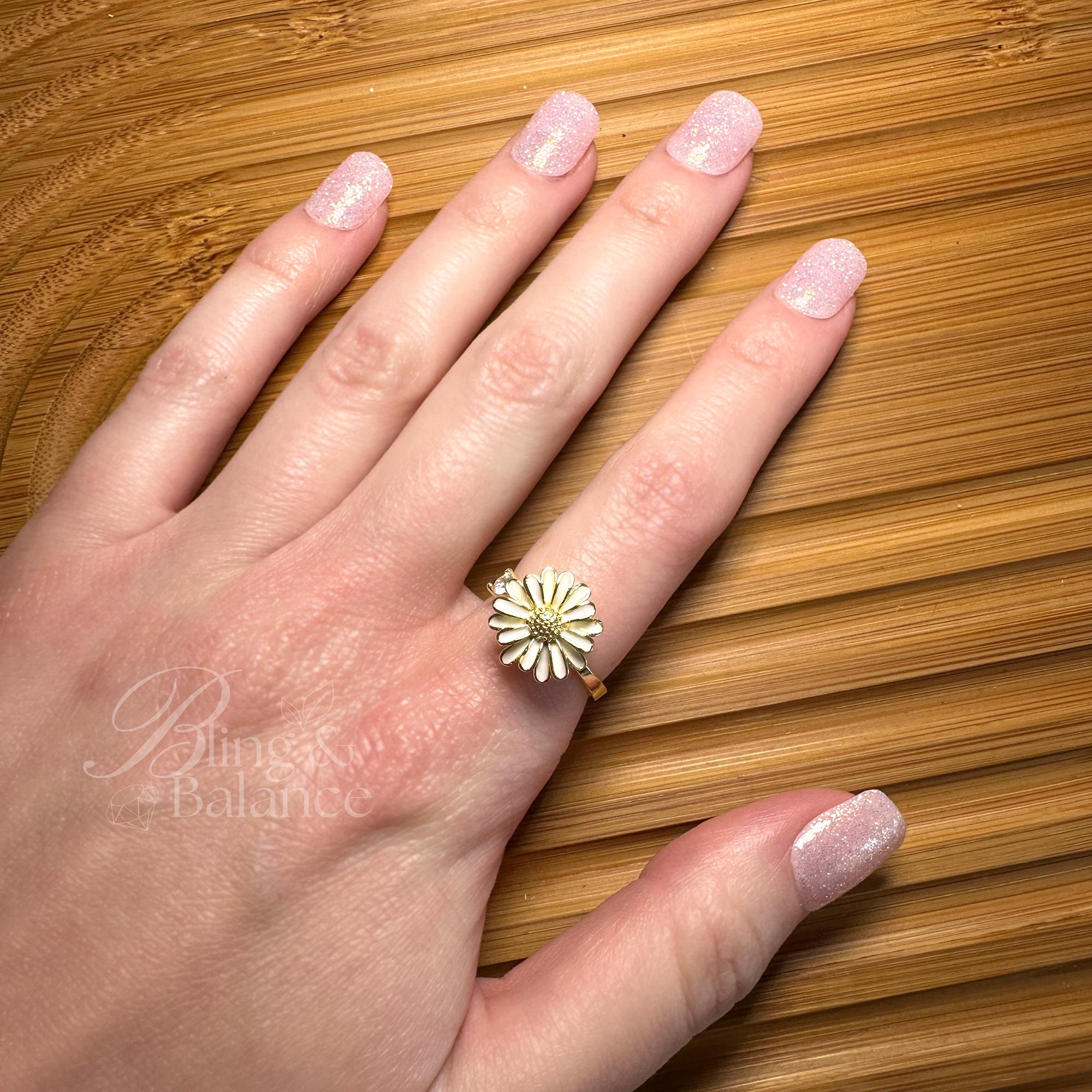 Daisy Flower Spinning Gold Anxiety Ring • White Floral Adjustable ...