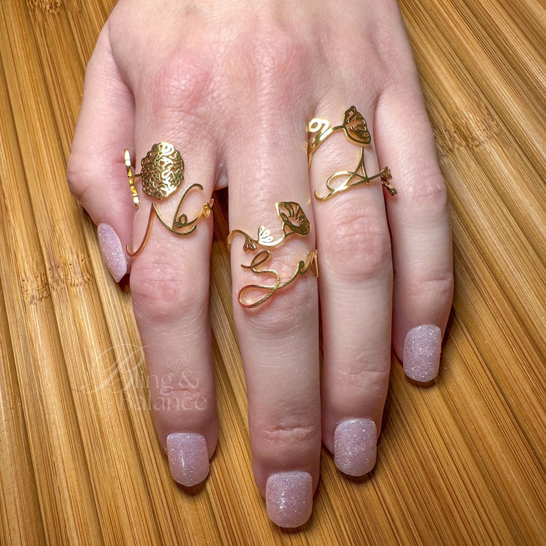 Birth Flower & Cursive Month Ring • Adjustable Custom Floral Gold Rings ...