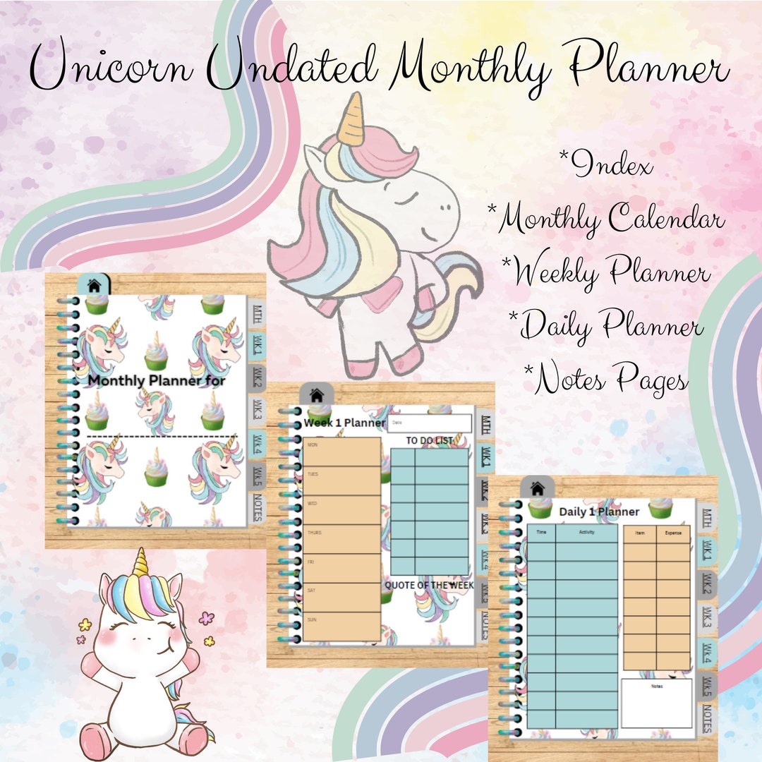 Unicorn Undated Monthly Calendar With Weekly and Daily Planners - Etsy