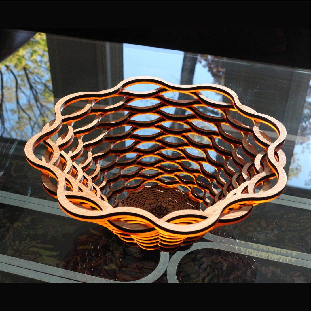 Wooden Glo Bowl, Basket Pattern, Orange Accent, Suncatcher Home Decor ...