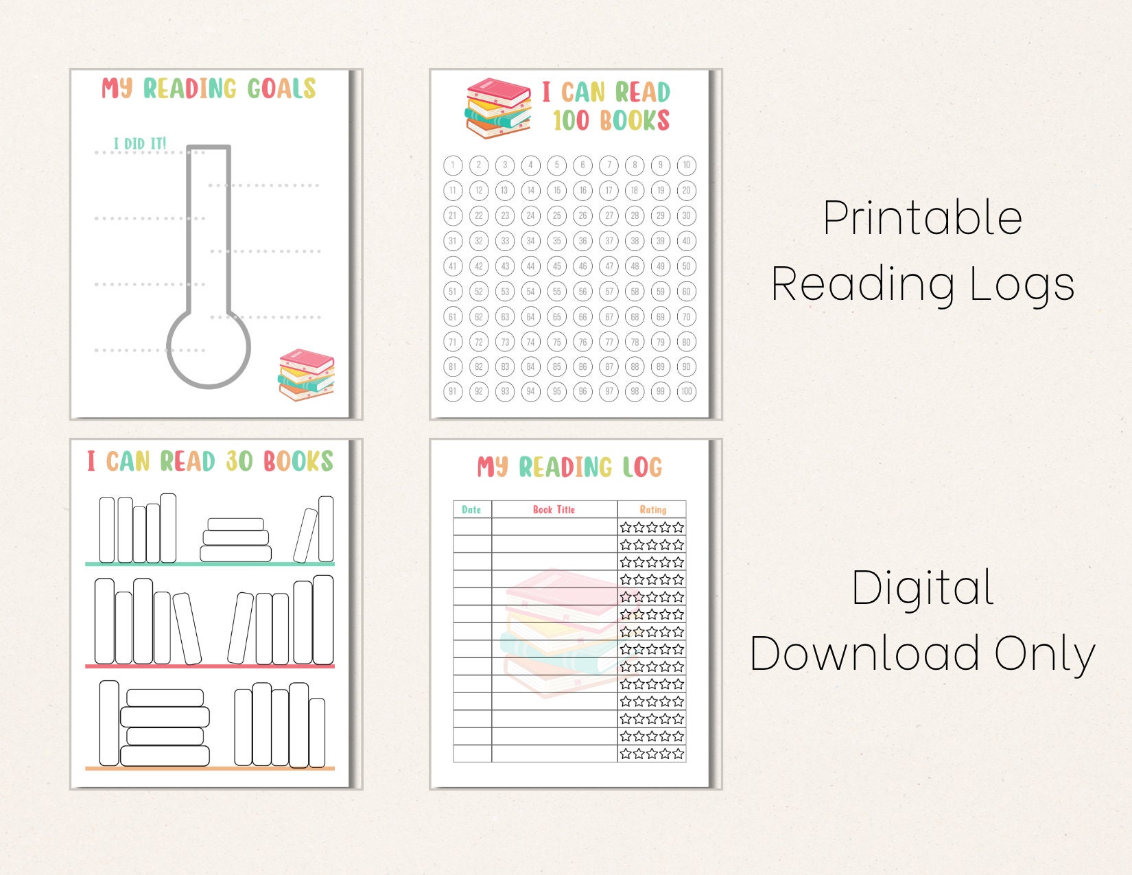 Book Tracker for Kids, Printable Reading Log, Digital Download, Rainbow ...