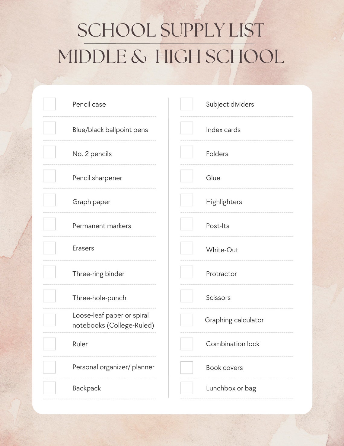 School Supply Checklist Middle School Supplies List High School ...