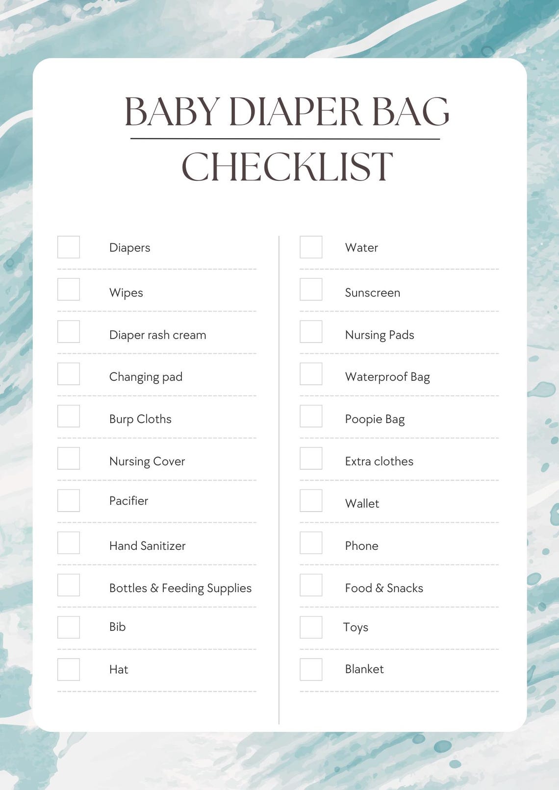 Baby Diaper Bag Checklist Diaper Bag Planner Baby Bag List Baby Diaper ...
