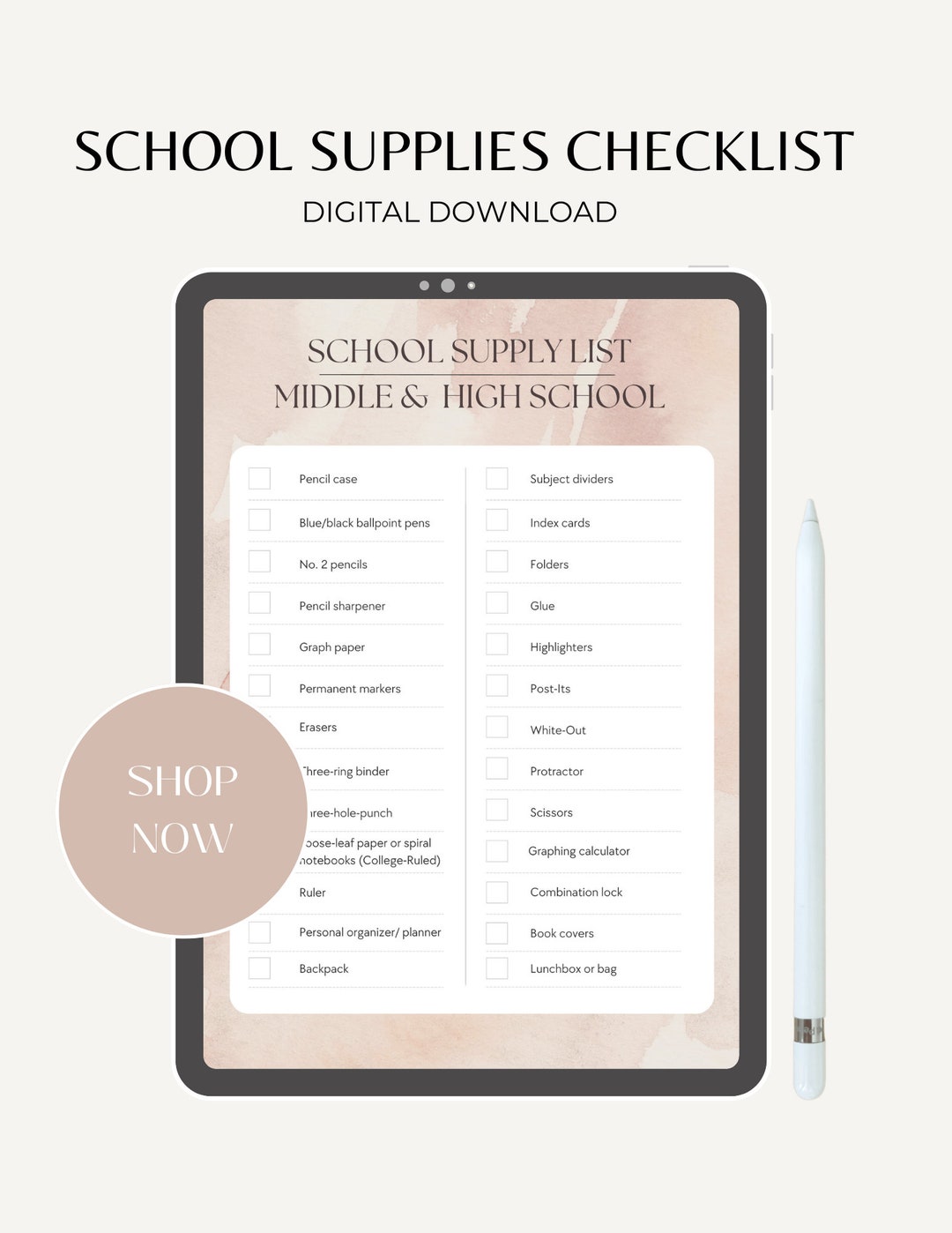 School Supply Checklist Middle School Supplies List High School ...