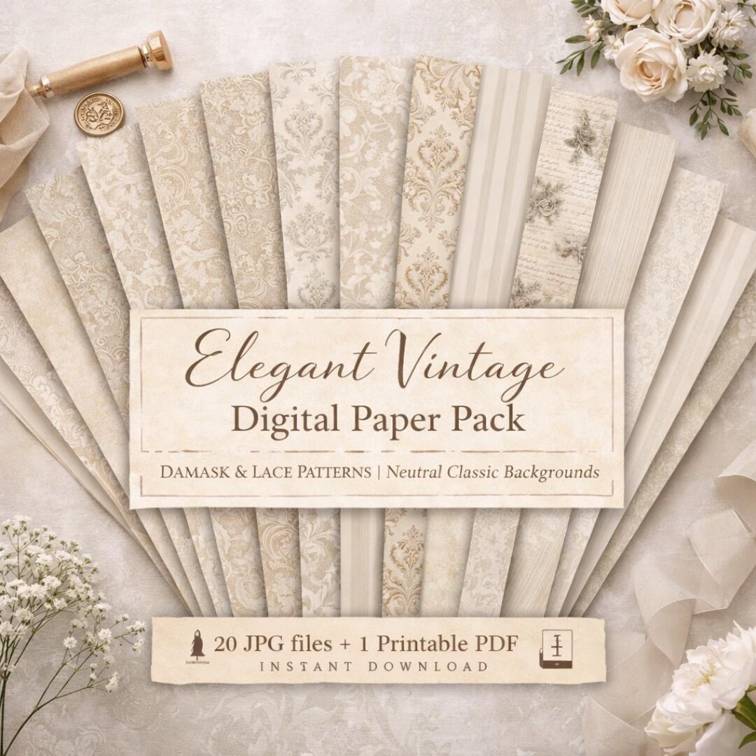 Elegant Vintage Digital Paper Pack, Damask Lace Patterns, Neutral ...