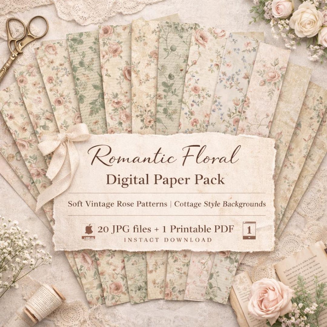Romantic Floral Digital Paper Pack, Soft Vintage Rose Patterns, Cottage ...