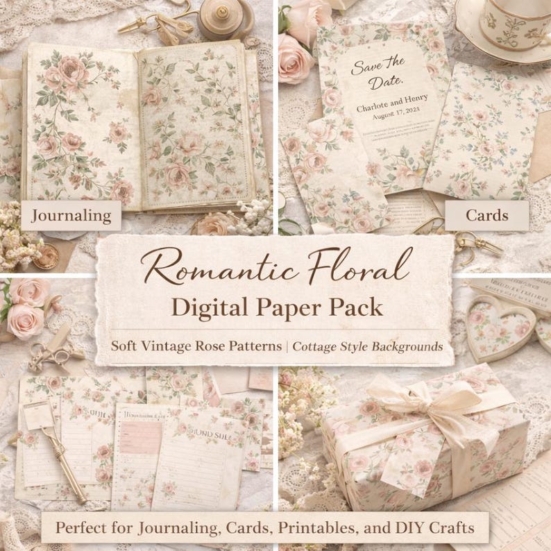 Romantic Floral Digital Paper Pack, Soft Vintage Rose Patterns, Cottage ...