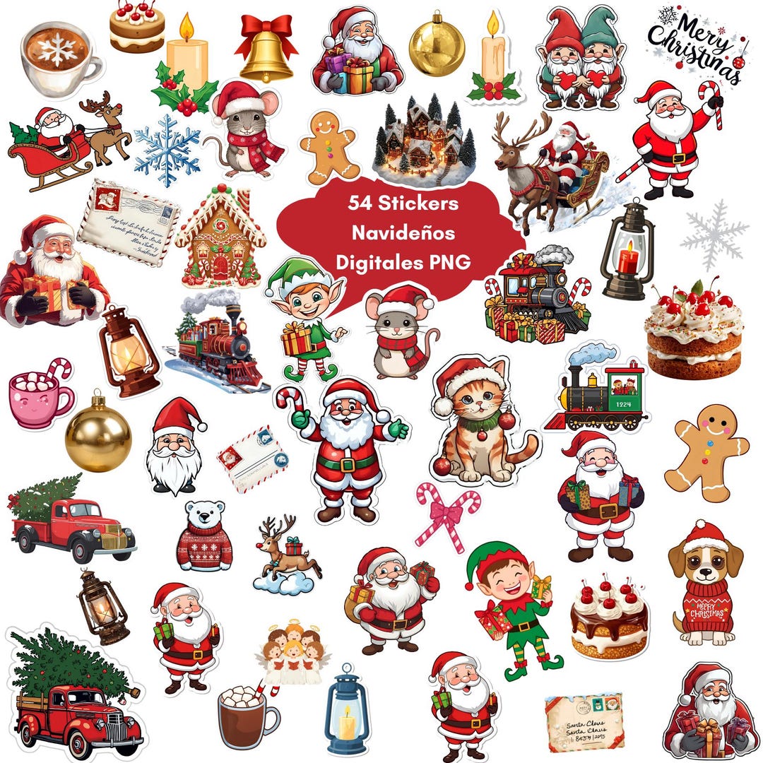 54 Christmas Stickers PNG | Digital Christmas Clipart | Santa Claus ...