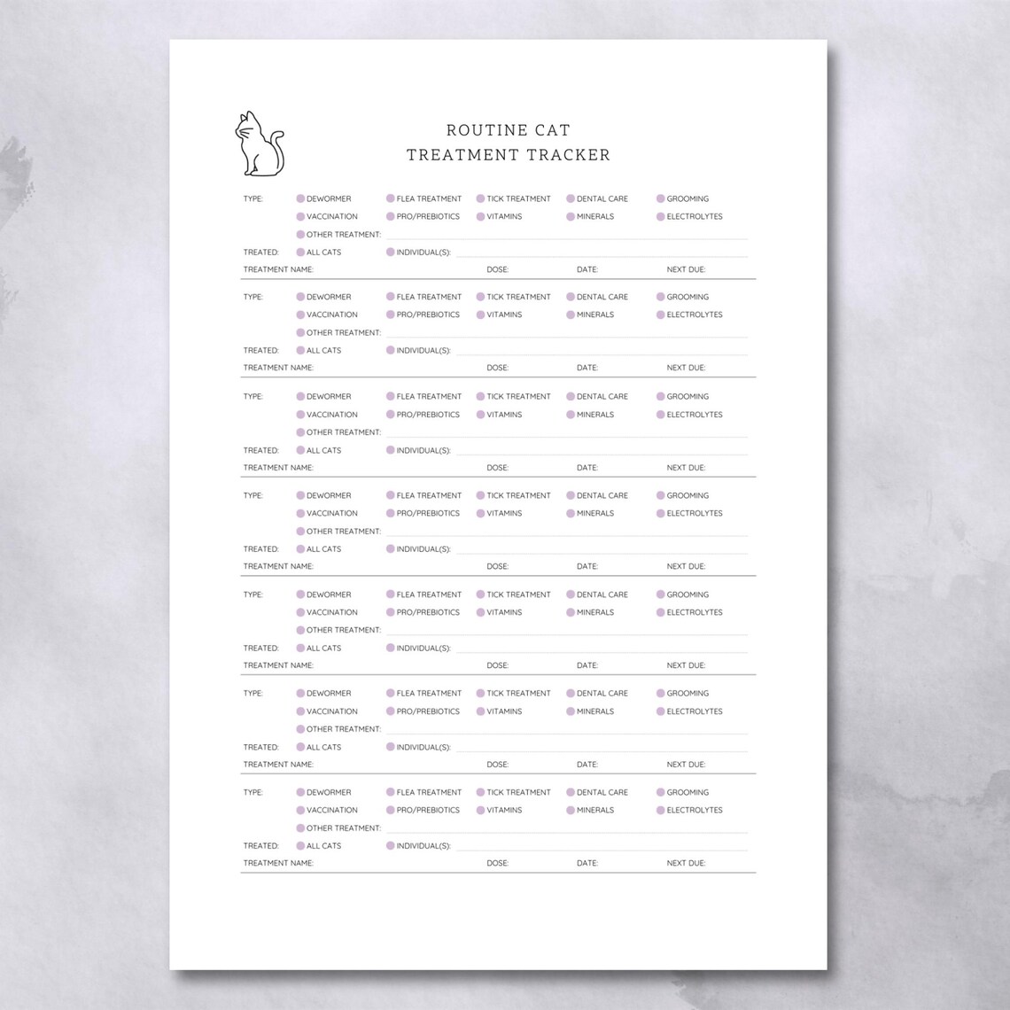 Cat Treatment Tracker - Printable Feline Healthcare Log (digital ...