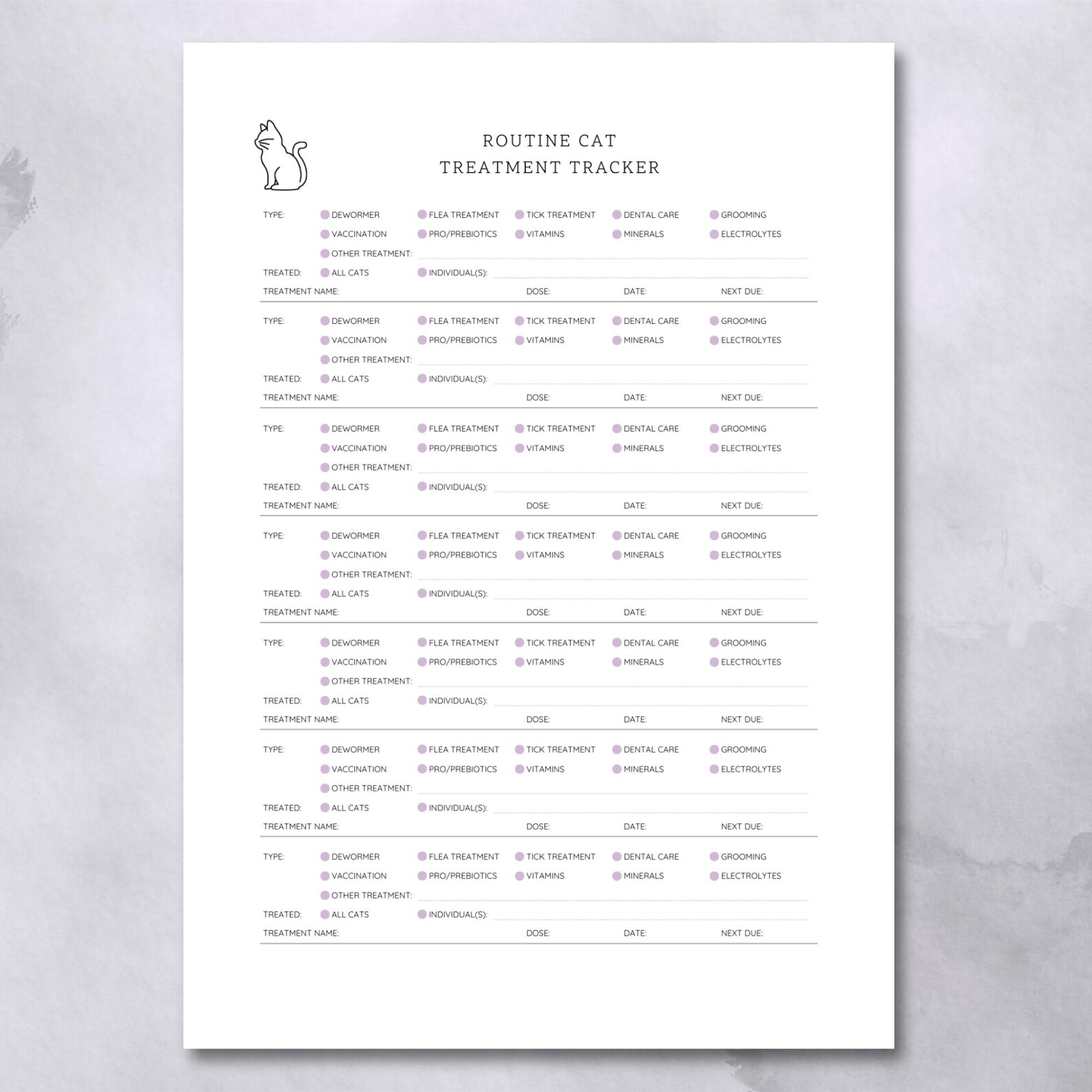 Cat Treatment Tracker - Printable Feline Healthcare Log (digital ...