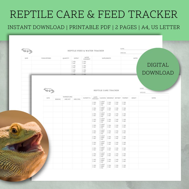Reptile Care & Feed Tracker | Printable Snake, Lizard, Tortoise, Exotic ...