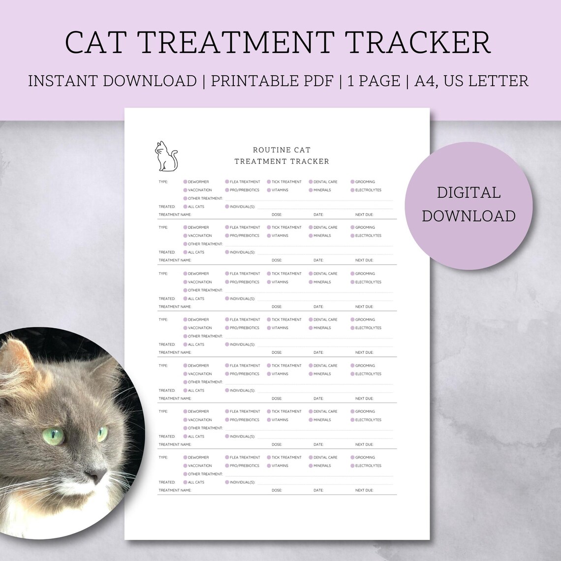 Cat Treatment Tracker - Printable Feline Healthcare Log (digital ...