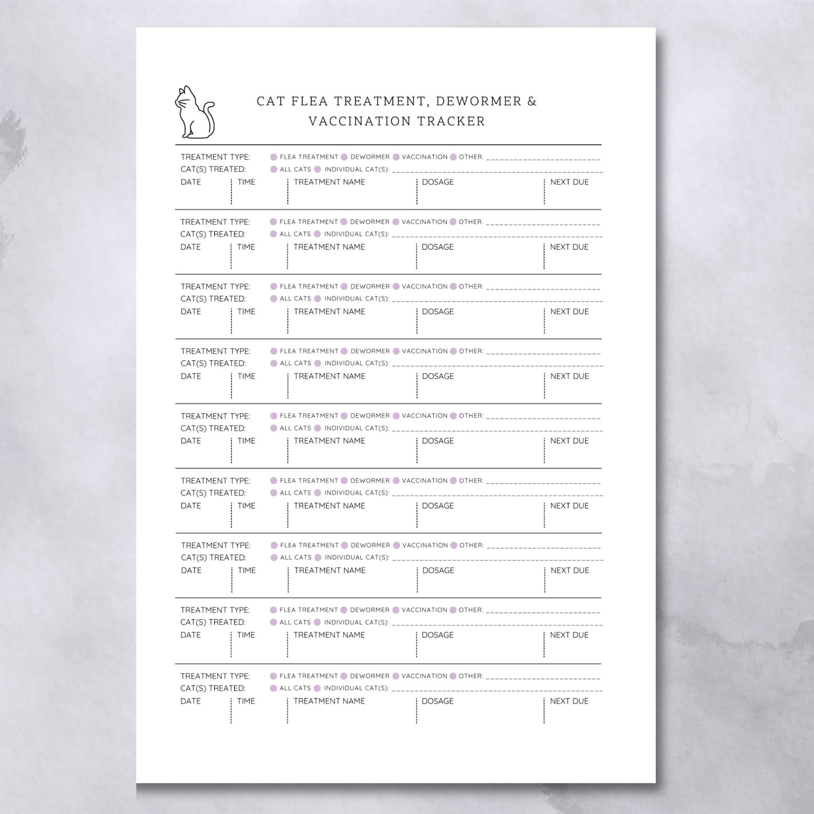 Cat Treatment Tracker Printable Log to Record Feline Flea Treatment ...
