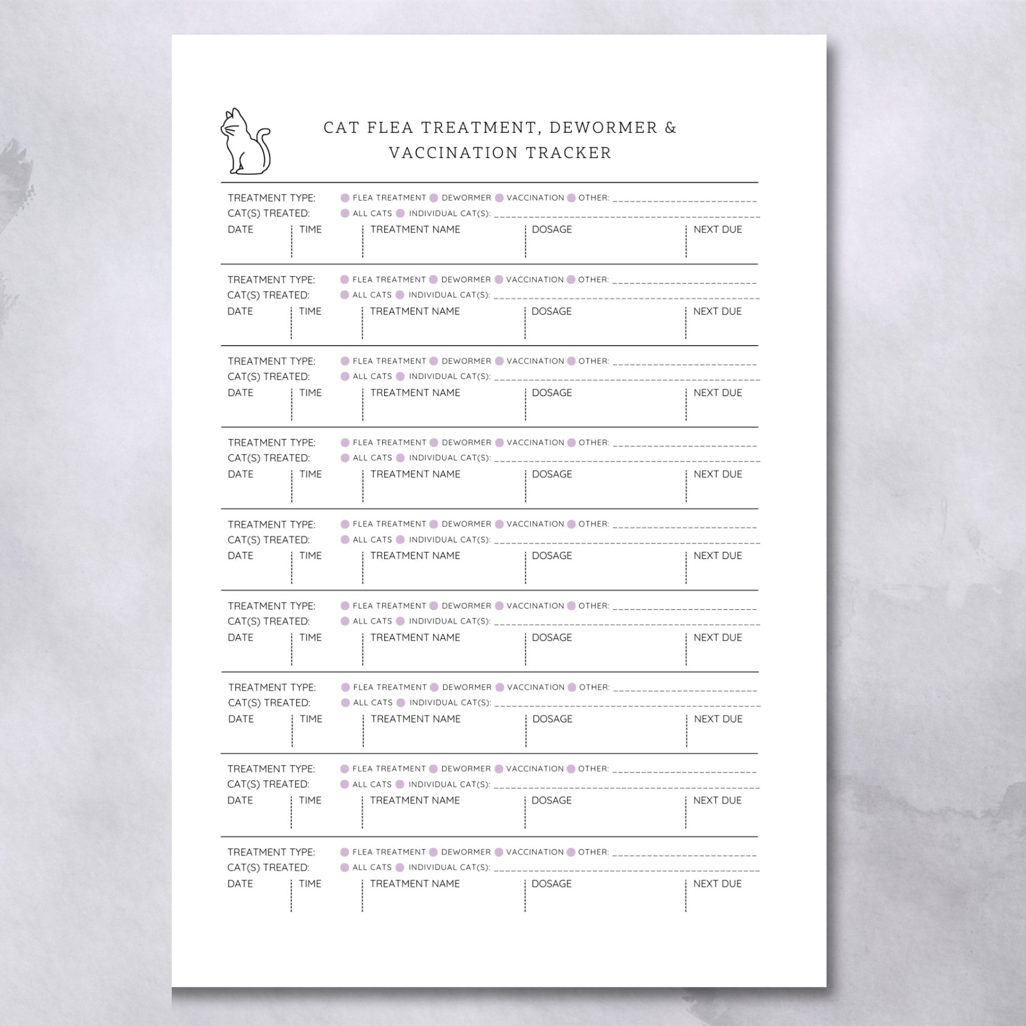 Cat Treatment Tracker Printable Log to Record Feline Flea Treatment ...