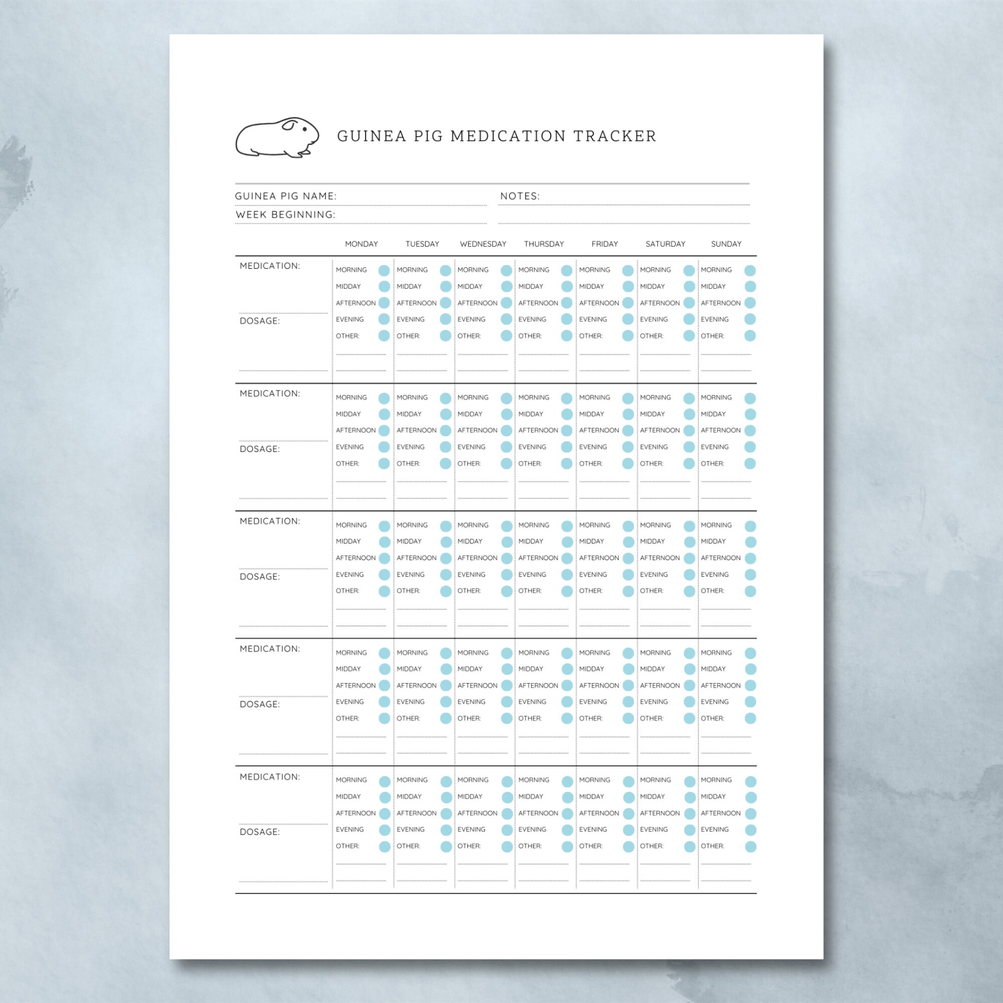 Guinea Pig Medication Tracker | Printable Cavy Medicine Log | Pet ...