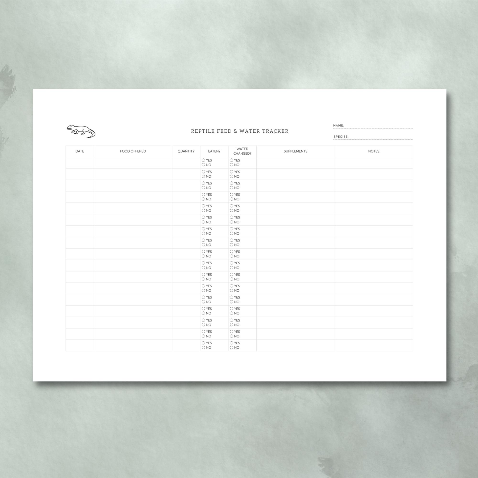 Reptile Care & Feed Tracker | Printable Snake, Lizard, Tortoise, Exotic ...
