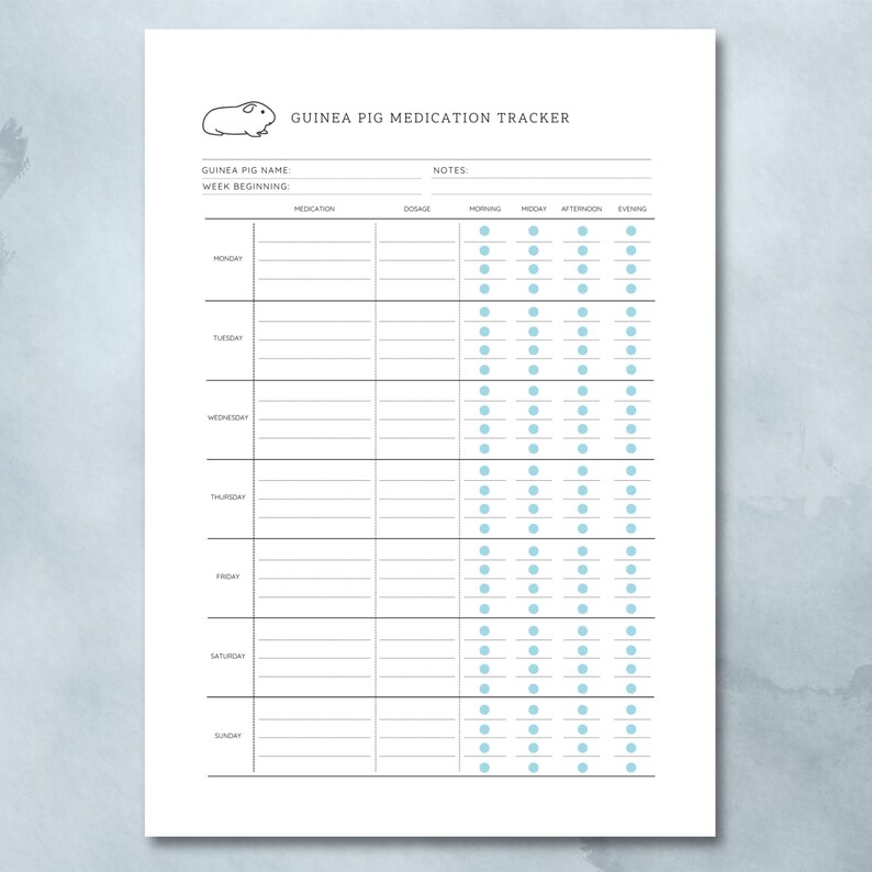 Guinea Pig Medication Tracker | Printable Cavy Medicine Log | Pet ...