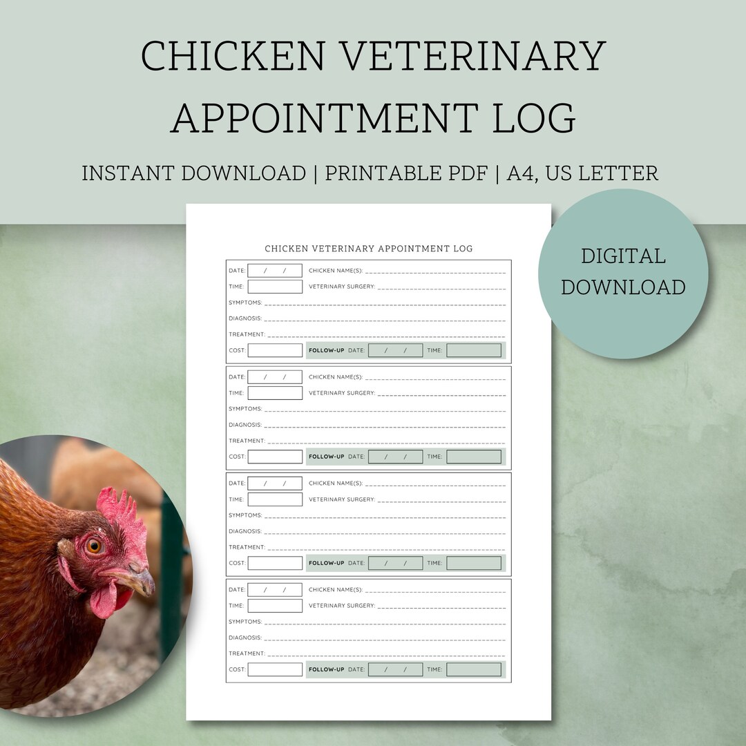 Chicken Vet Appointment Log Printable Poultry Veterinary Tracker Flock ...