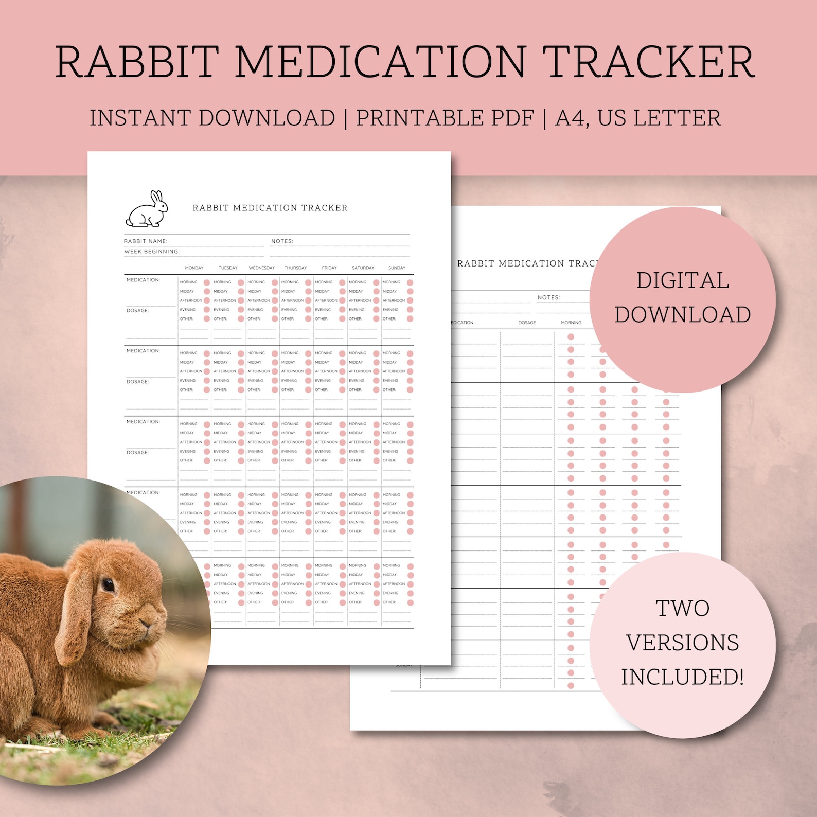 Rabbit Medication Tracker - Printable Bunny Medicine Log (digital ...