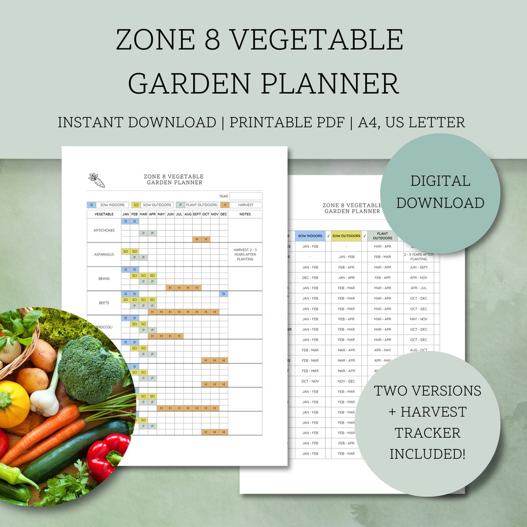 USA Zone 8 Vegetable Garden Planner - Printable Sow, Plant & Harvest ...