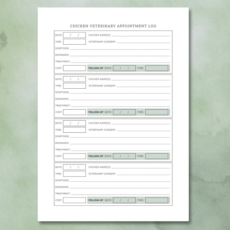 Chicken Vet Appointment Log Printable Poultry Veterinary Tracker Flock ...