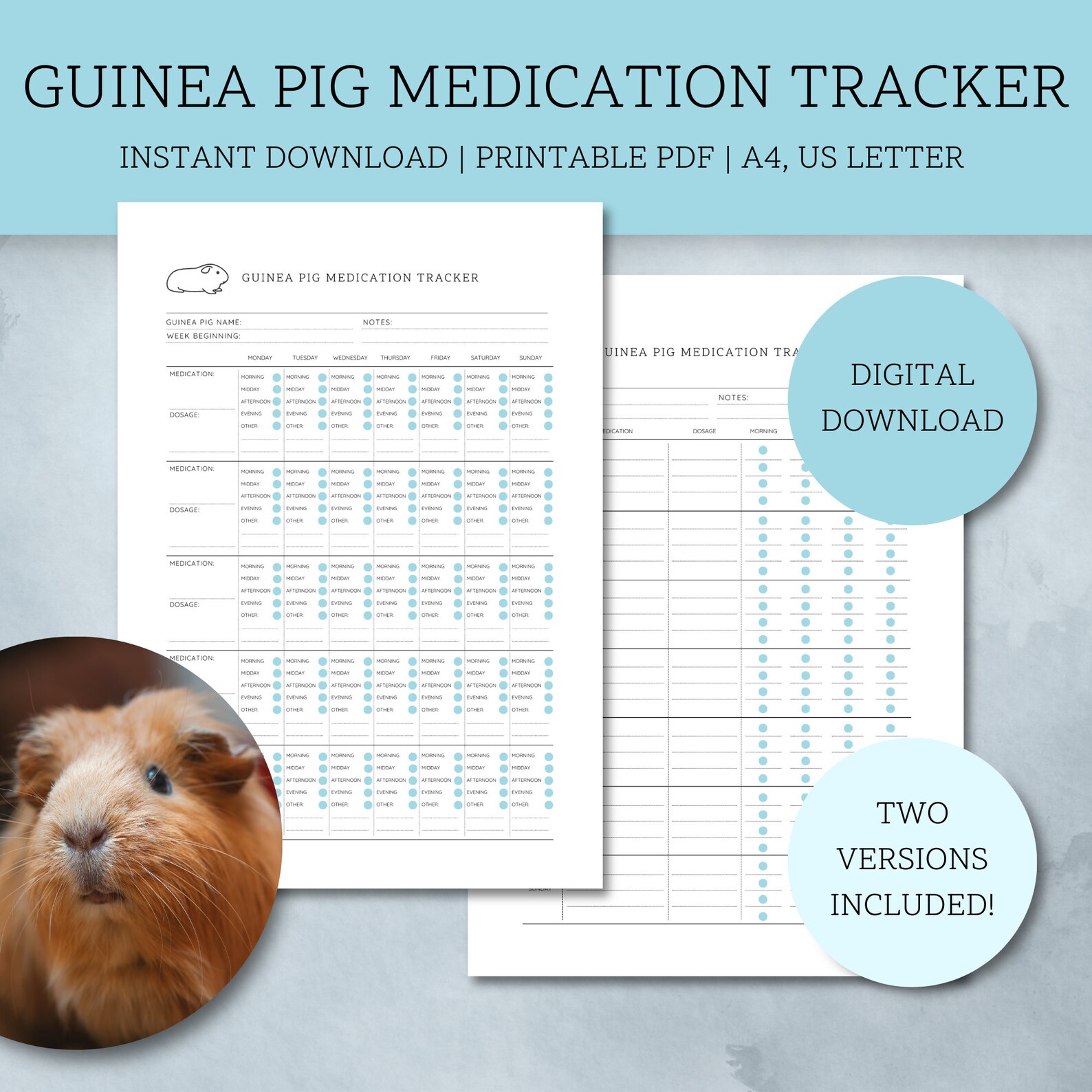 Guinea Pig Medication Tracker - Printable Cavy Medicine Log (digital ...