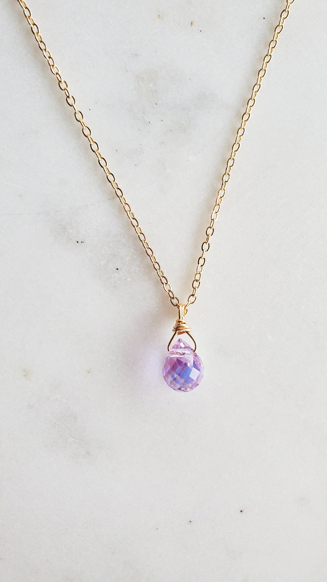 Lilac Crystal Teardrop Necklace, Gold Plated Chain - Etsy