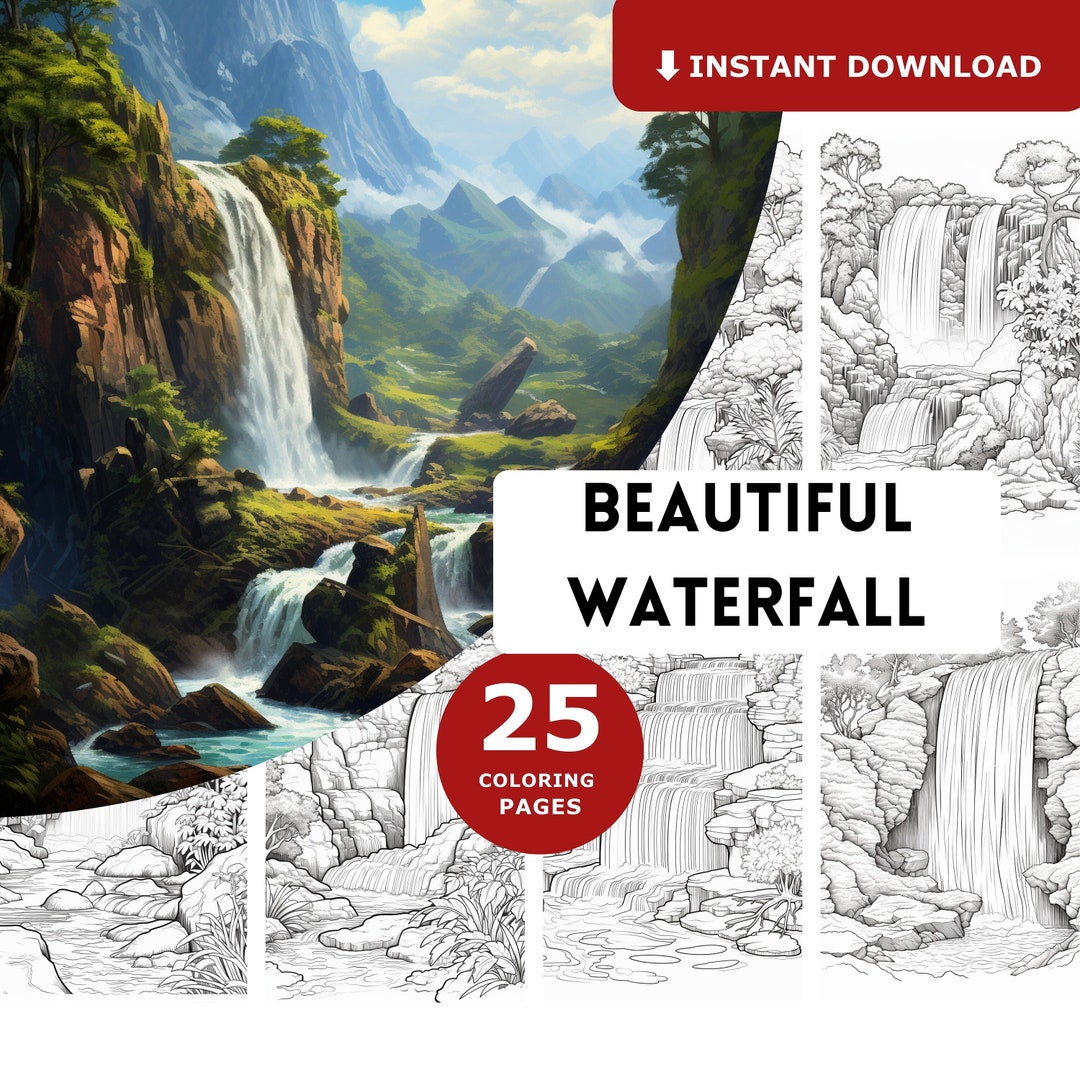 25 Waterfall Coloring Pages Beautiful Landscape Grayscale - Etsy