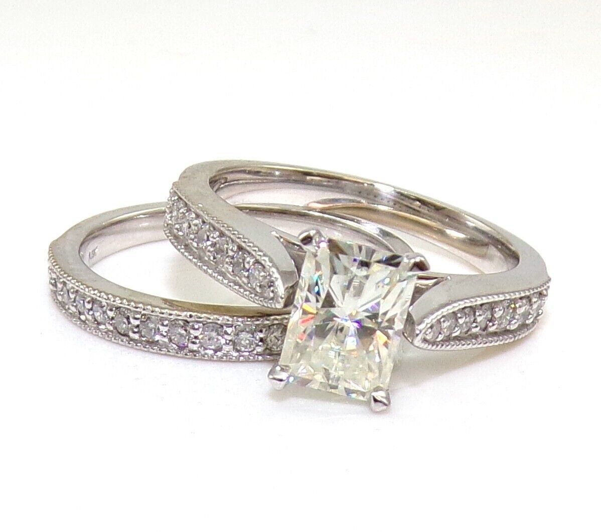 Moissanite & Diamond Semi Mount Wedding Engagement Set 14K White Gold ...