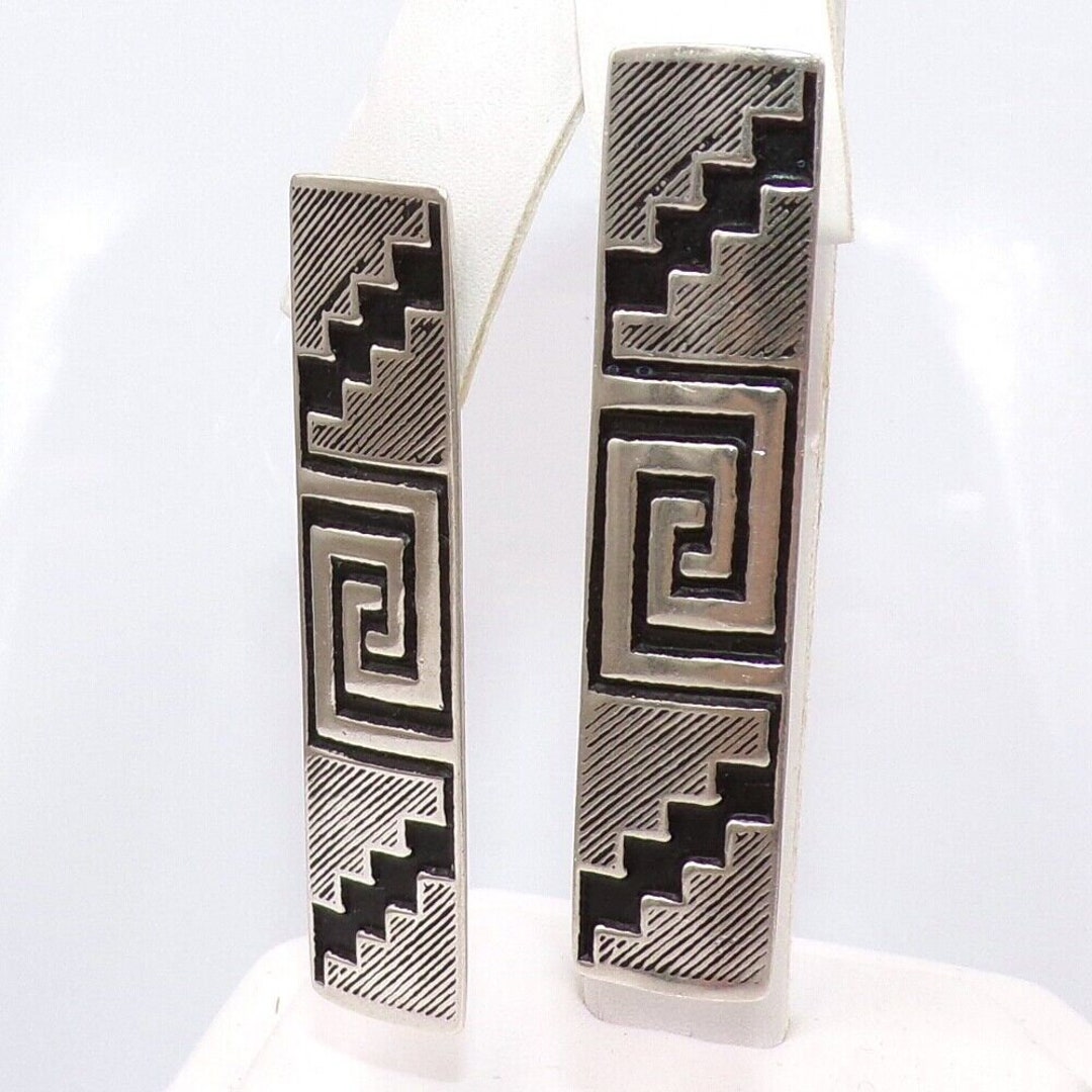 W Smolak Native American Hopi Overlay Maze Sterling Silver Bar Earrings ...