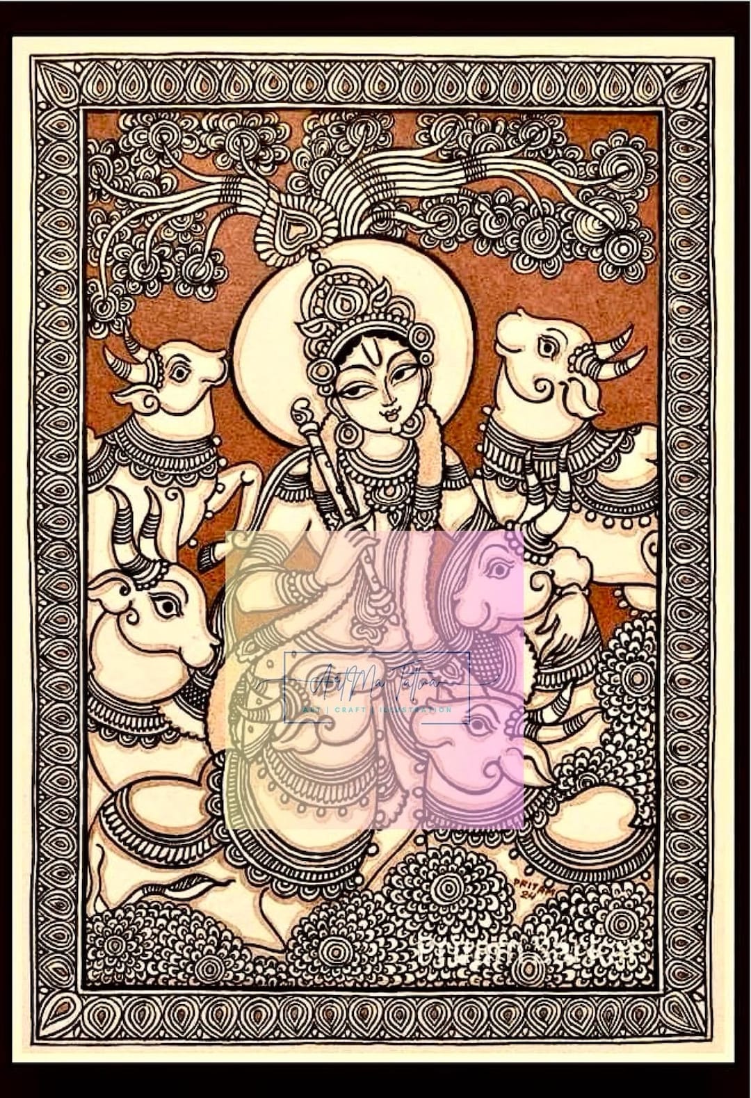 Vintage Kalamkari Hand Painting Krishna With Surabhi Cows | Hand ...