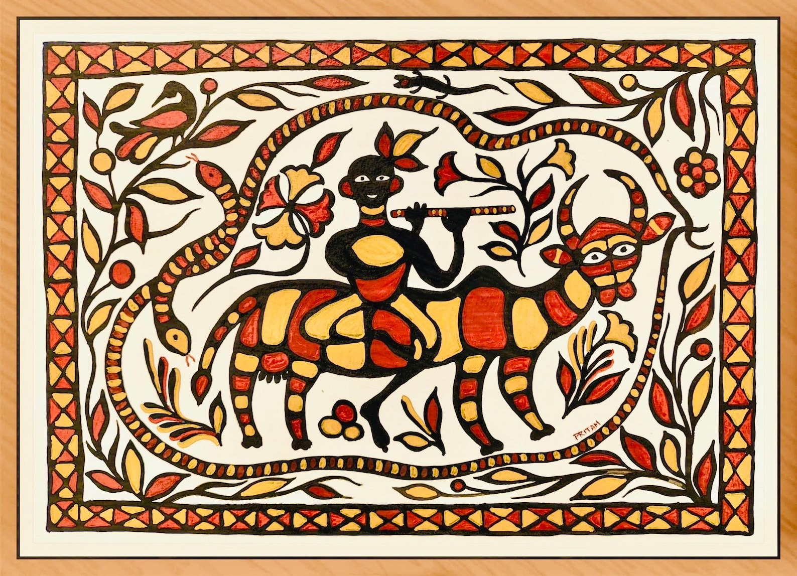 Vintage Sohrai Hand Painting Krishna With Cow | Hand Painted Sohrai ...
