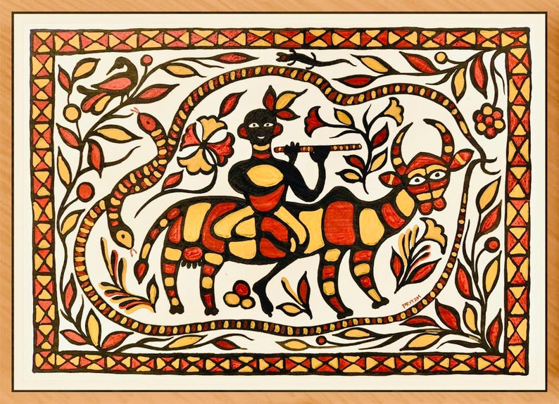 Vintage Sohrai Hand Painting Krishna With Cow | Hand Painted Sohrai ...