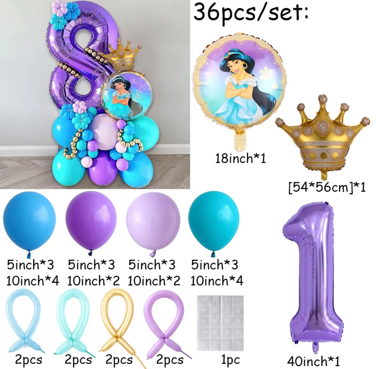 Princess Aladdin Foil DIY Balloon Sculpture Kit Birthday Number Balloon ...