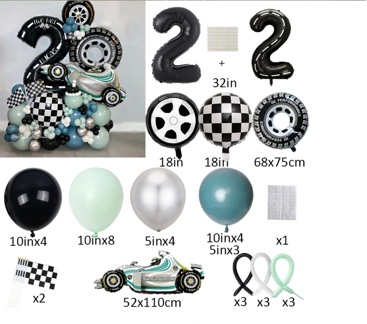 Race Car Theme DIY Foil Balloon Bouquet Kit, Birthday Boy Checkered ...
