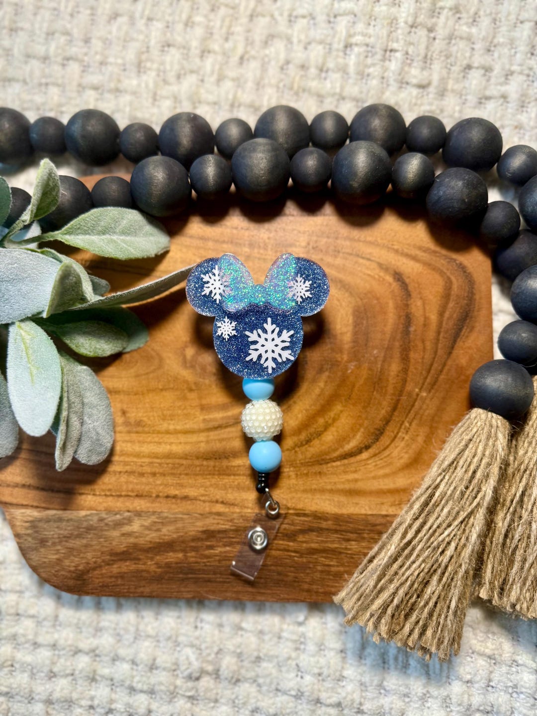 Winter Snowflake Mickey Mouse Badge Reel | Blue Glitter Beaded Lanyard ...
