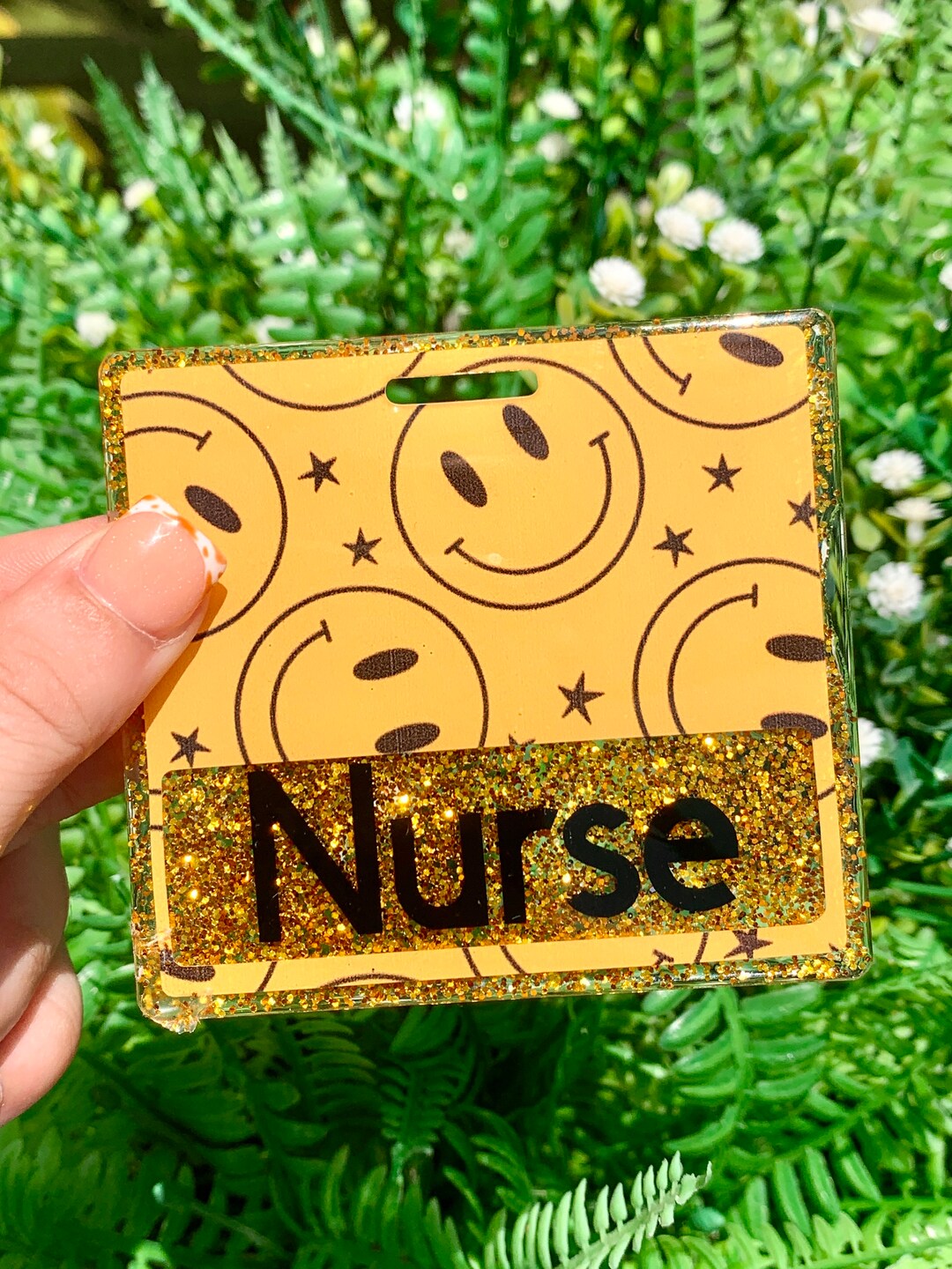 Personalized Smiley Acrylic Badge Buddy: Glitter Healthcare ID Badge - Etsy