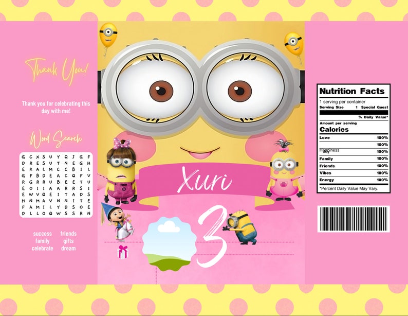 Minion Chip Bag Template (pink) (girl) - Etsy