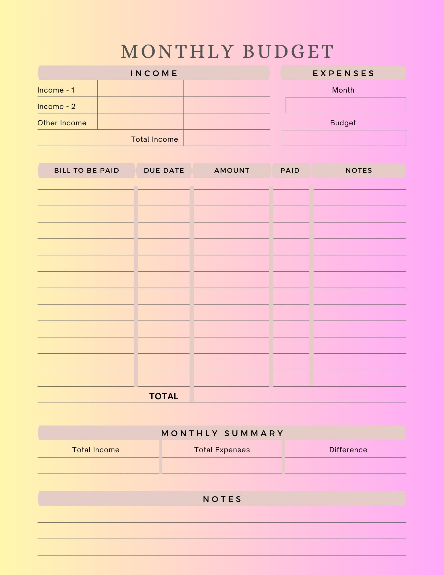Monthly Budget Form Canva Edit - Etsy