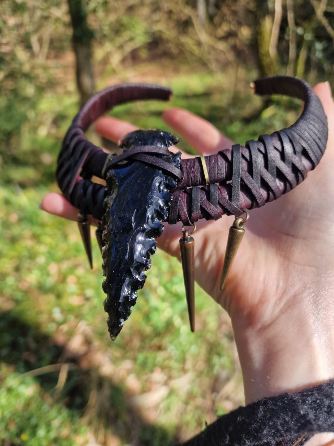 The Shadow Relic – Obsidian Arrowhead Torque Choker – Tribal Leather ...