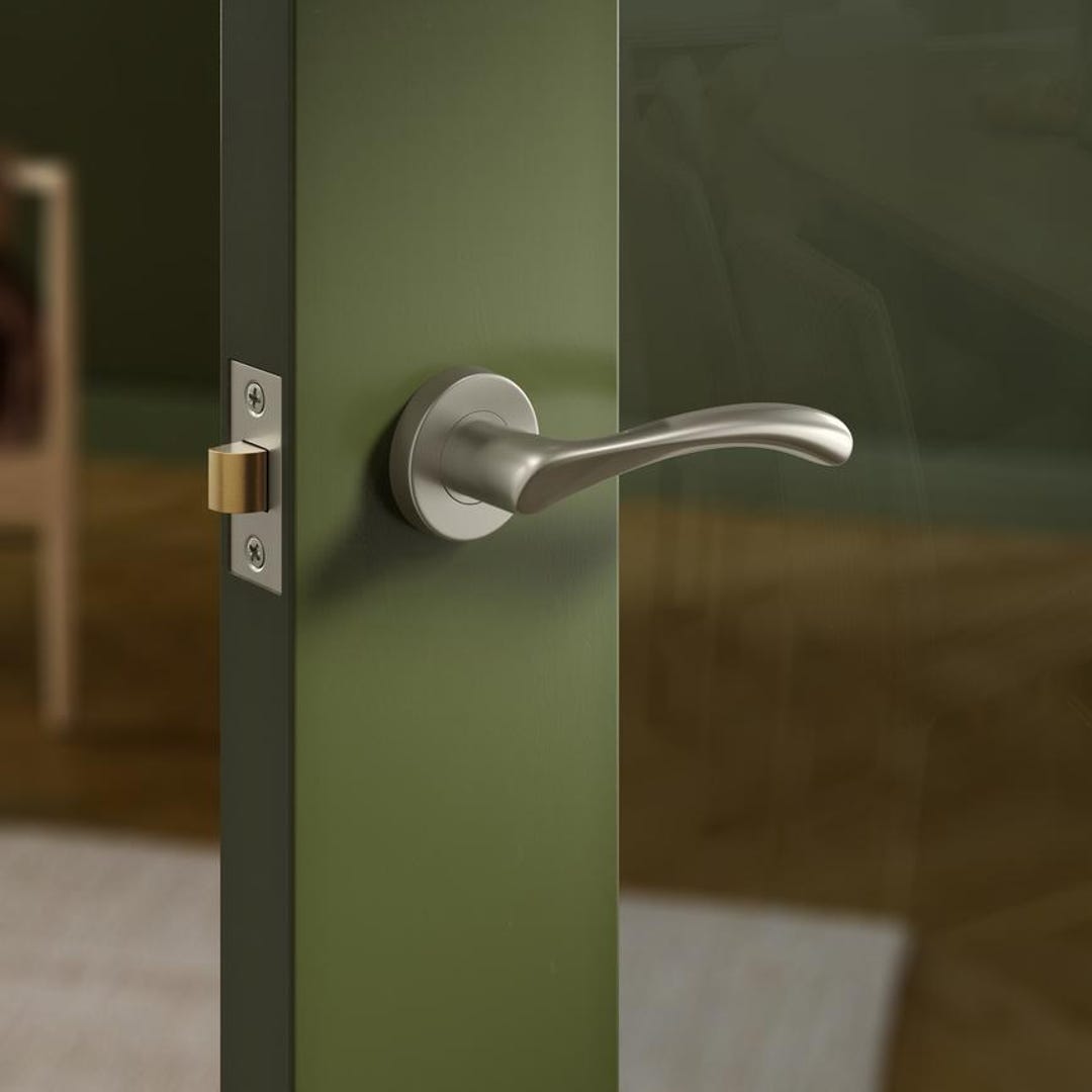 Howdens Fuller and Forge Garda Satin Nickel Lever on Rose Door Handle ...