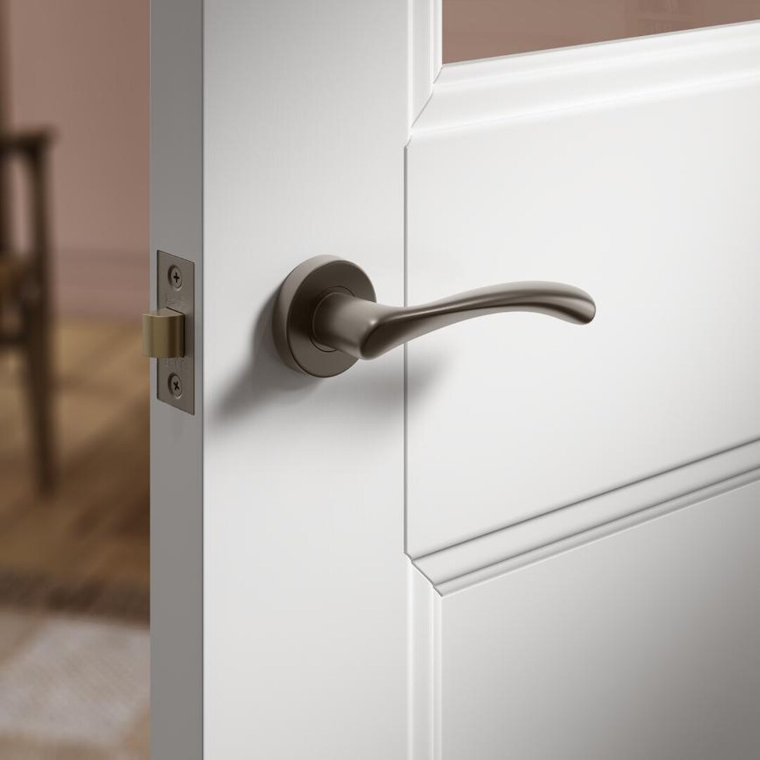 Howdens Fuller and Forge Garda Satin Bronze Lever on Rose Door Handle ...