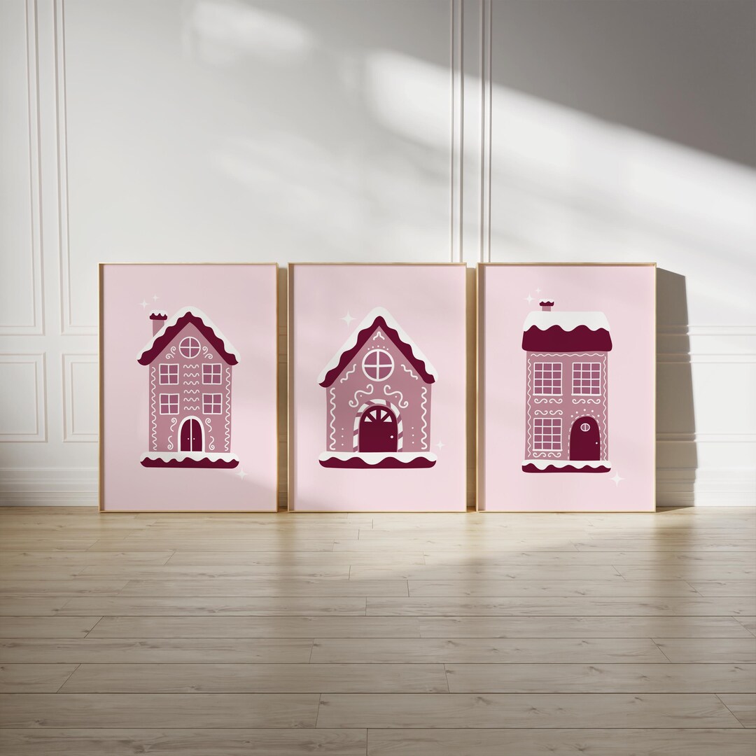 Pink Christmas Gingerbread House Print Set: Festive Holiday Decor ...