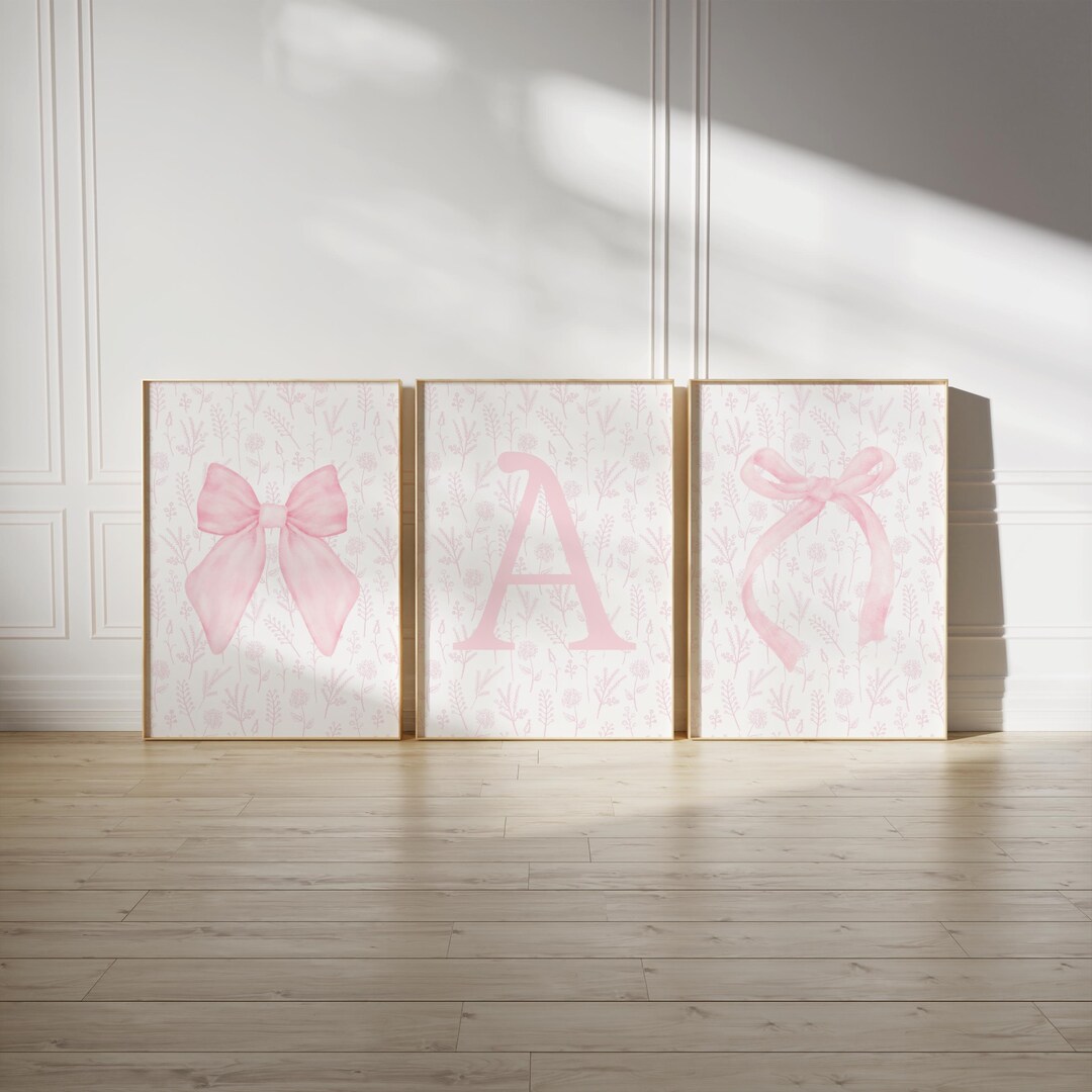 Custom Letter Pink Bow Nursery Print Set: Coquette Floral Wall Art ...