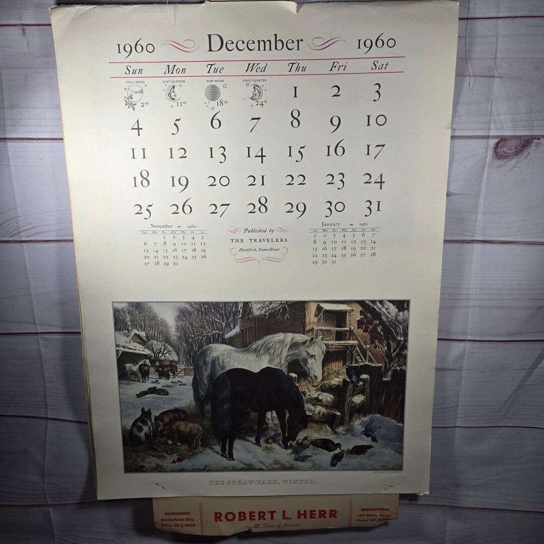 1960 Currier and Ives Calendar Prints Traveling Insurance Calendars ...