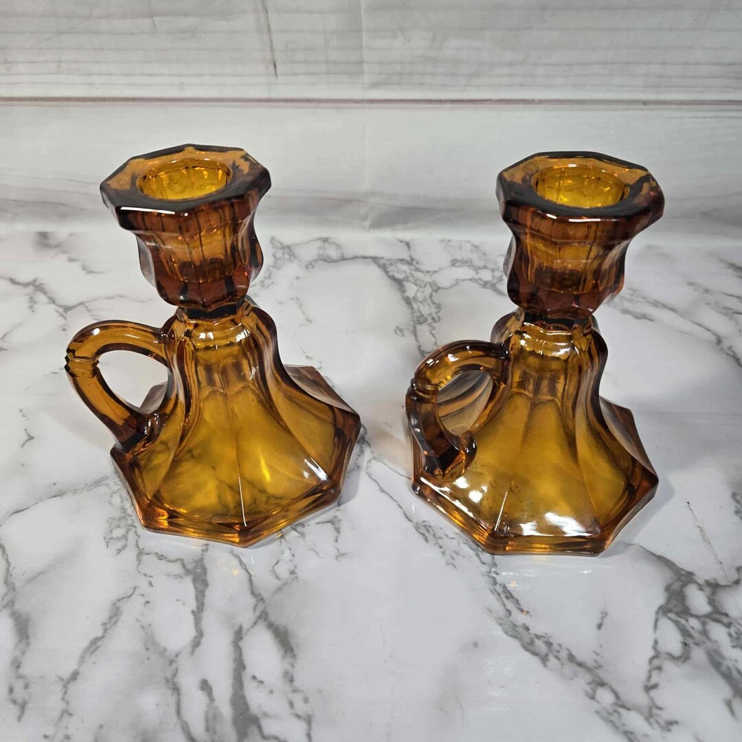 Vintage Amber Glass Candlestick Holders With Handles - Set of 2 - Etsy