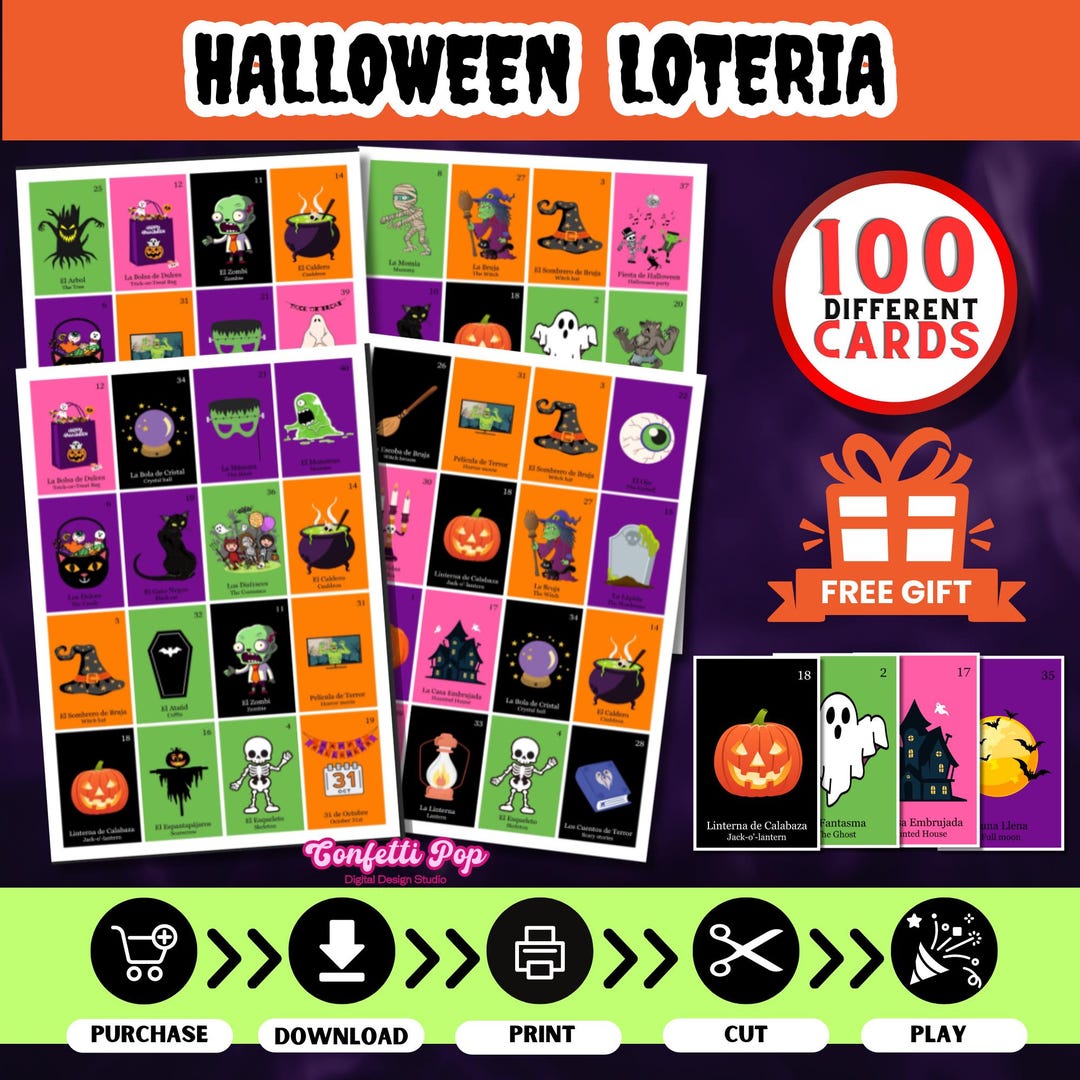 Printable Halloween Loteria Game: 100 Cards, Classic Mexican Bingo ...
