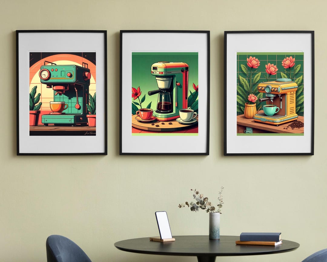 Retro Coffee Art Print Trio | 80s Neon Espresso Machine | Vintage ...